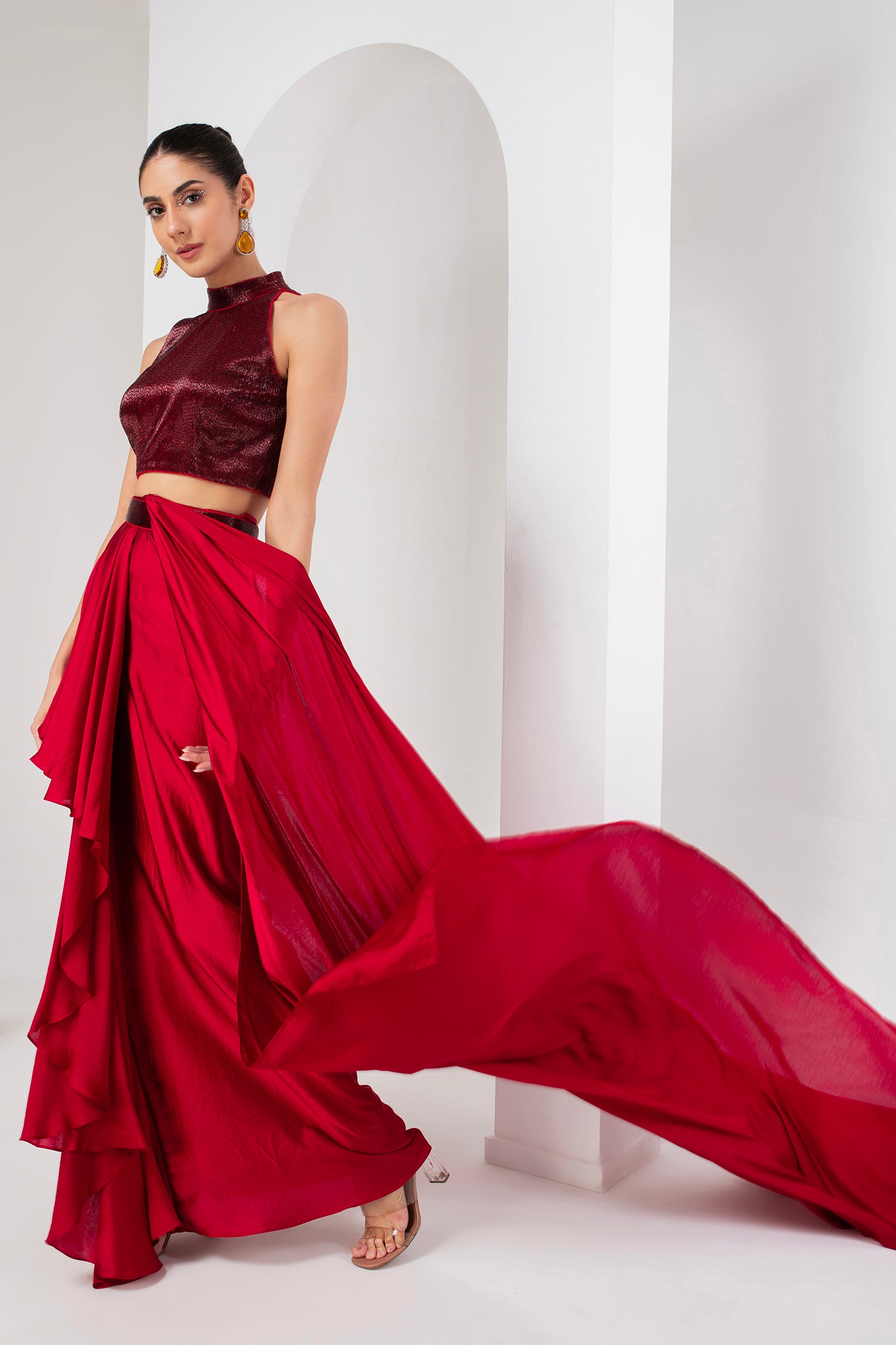 Red NALKI blouse, drape saree & belt – Fashefy