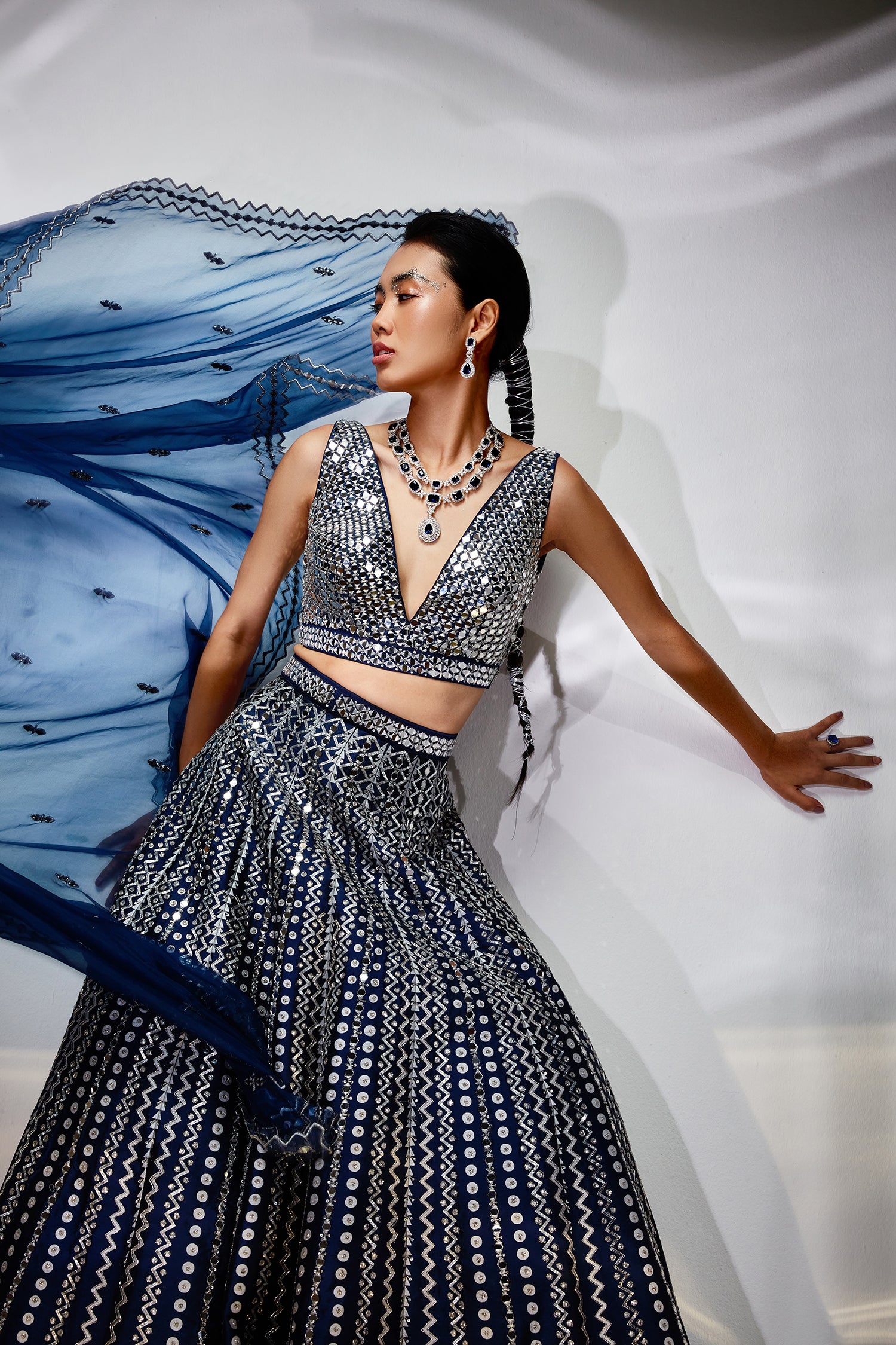 Midnight blue mirror work lehenga – Fashefy