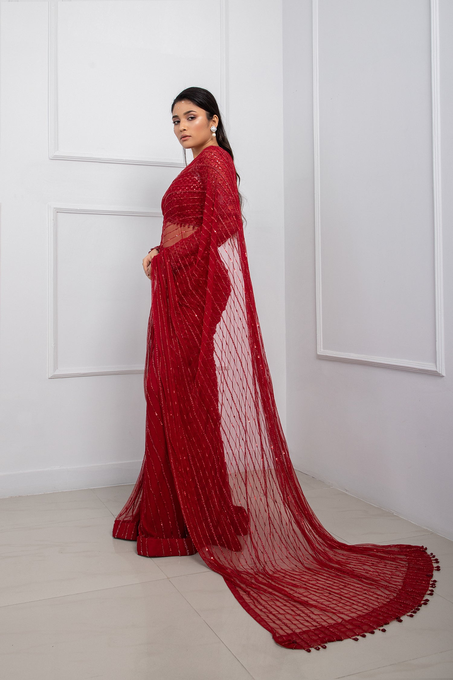 Ruby Red Embellished Drape Saree Set – Fashefy
